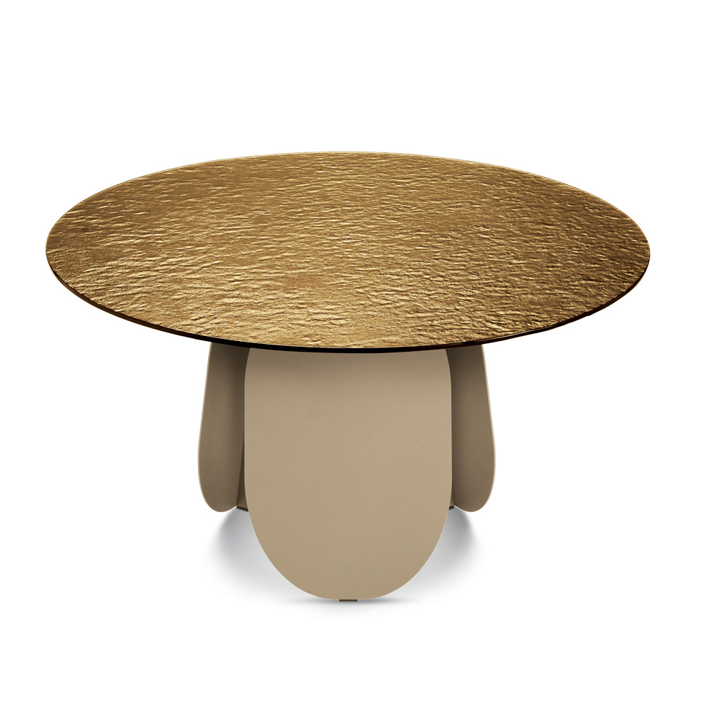 Tisch Ø 120 mit rückseitig versilberter Hammerschlagglasplatte